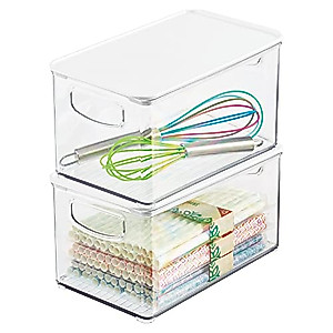 mDesign Plastic Deep Storage Bin Box Container with Lid and Built-In Handles - Organization for Fruit, Snacks, or Food in Kitchen Pantry, Cabinet, or Cupboard, Ligne Collection, 2 Pack, Clear/White