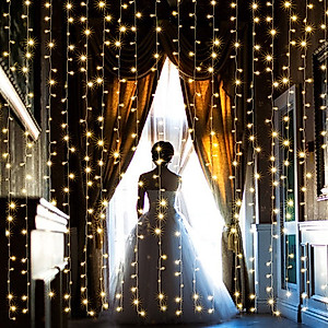 IMAGE 8 Modes Curtain Lights 9.8x6.6 Foot 224 LED String lights Fairy String Lights for Wedding Party Home Garden Indoor Outdoor Wall Backdrops Decorations Waterproof UL Safety Standard Warm White