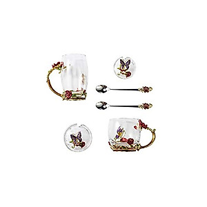 Flower Teacup Transparent Glass Teacup, (With Spoon + Lid) , Fancy Tea Cups , Flower Tea Cup,Tea Cup Gift, Gifts for Women,Mother's Day Present，Gift Box. (Rose Red High Cup)