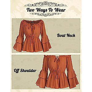 Womens Peplum Tops Boho Renaissance Shirt Bell Sleeve Peasant Blouse Dressy Casual Summer Top Orange 2XL