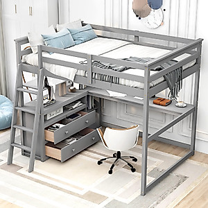 BIADNBZ Full Size Loft Bed with Long Desk, Two Drawers and Shelves Storage, Wooden Versatile LoftBed Frame for Teens Adults Bedroom Apartment, Gray