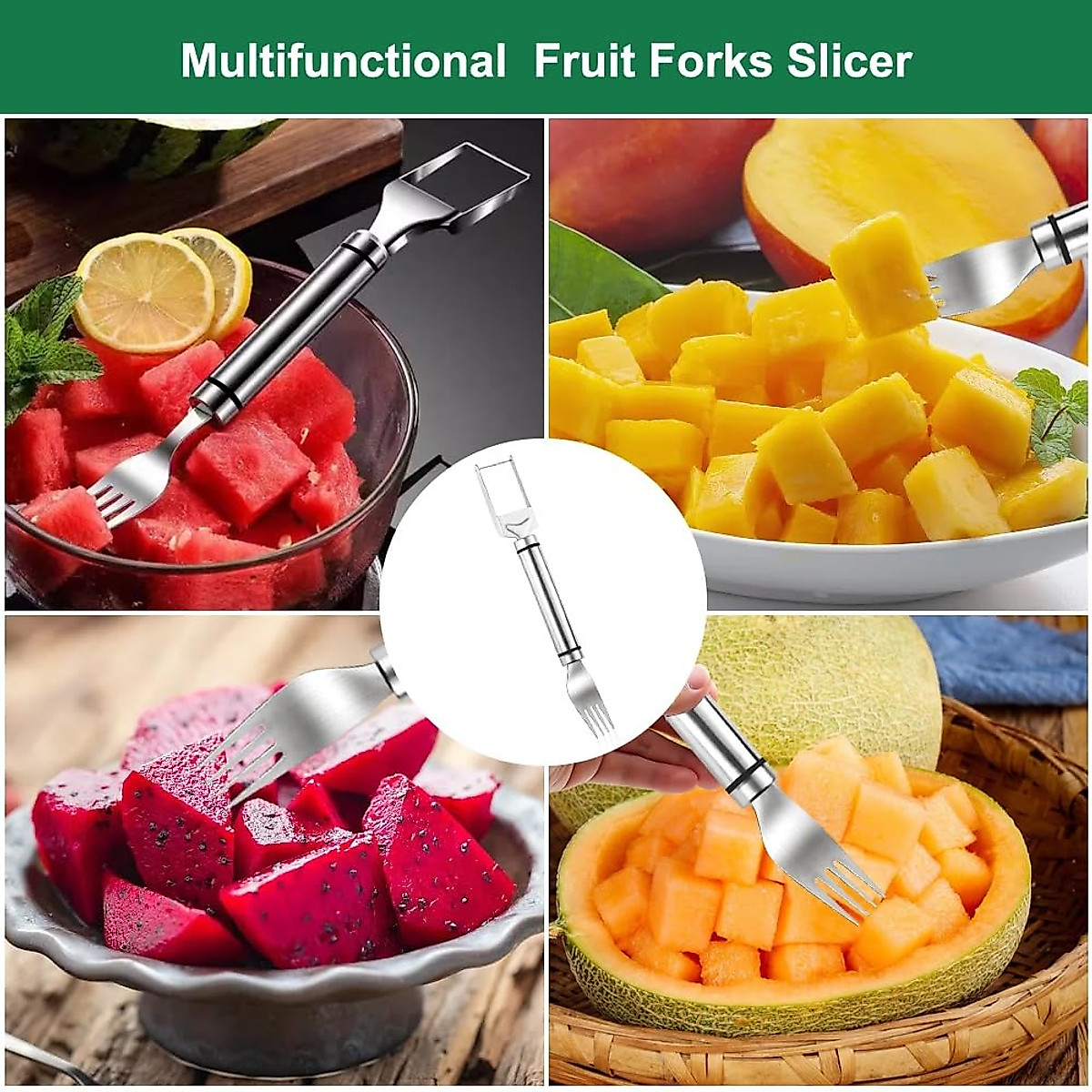 2-in-1 Stainless Steel Fruit Cutter，2024 New Upgrade Watermelon Fork Slicer Cutter Slicer Tool，Portable Watermelon Fork Watermelon Cutter Slicer Tool Fruit Forks Slicer for Home Party Camping Kitchen