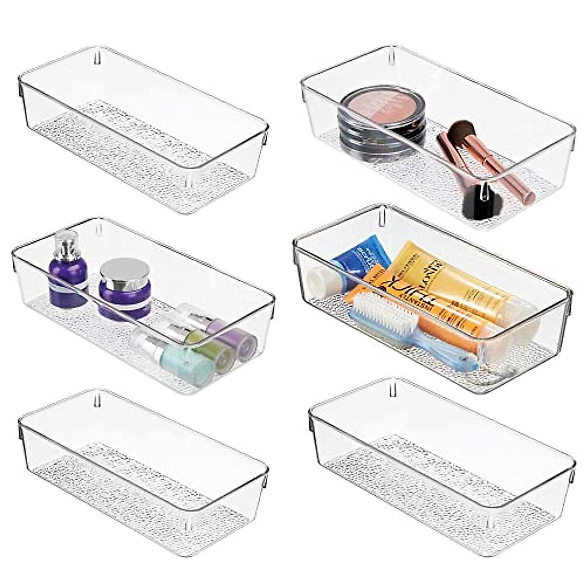 mDesign Plastic Drawer Organizer Storage Tray for Bathroom Vanity, Countertop, Cabinet - Holds Makeup Brushes, Eyeliner, Lip Pencils, Hair Accessories - Textured Base, 6" Wide, 6 Pack - Clear
