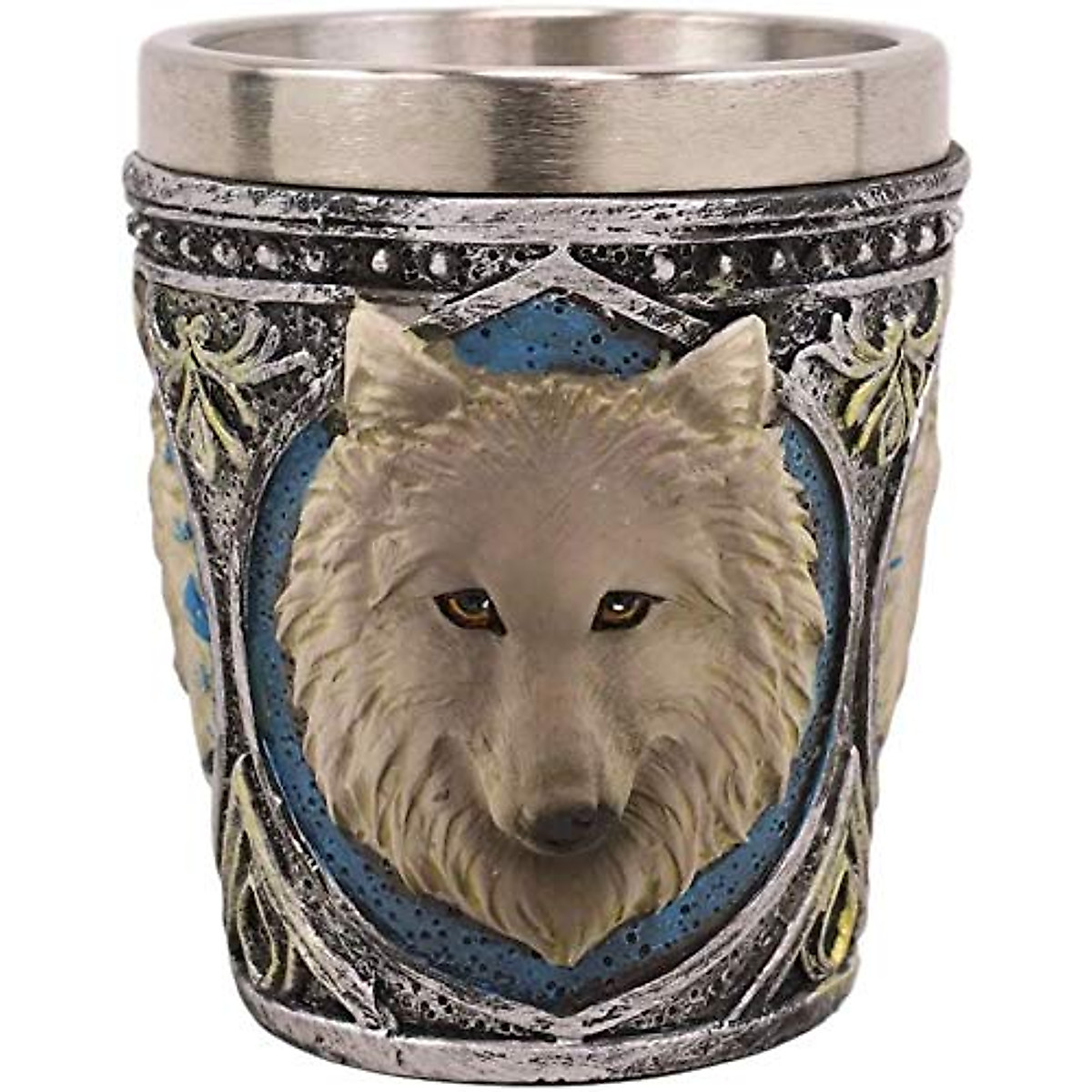 Ebros Pack Of 2 Full Moon Mythical Animal Spirit Gray And White Alpha Wolf Themed 2-Ounce Shot Glass Resin Housing With Stainless Steel Liners Wolves or Timberwolves Themed Souvenirs Favors