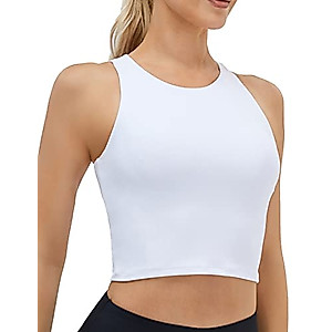 Women's High Neck Crop Top Sleeveless Racer Back Basic Workout Tank Tops Shirt White XL