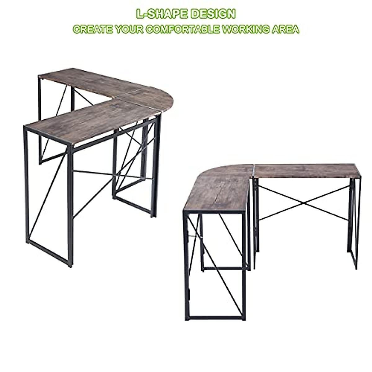 Geniqua 3-Piece L-Shaped Wooden Computer Folding Table Corner Desk Space-Saving Industrial Style PC Laptop Desk for Workstation Home Office