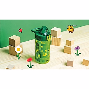 Zak Designs Sage Minecraft Kids Water Bottle For School or Travel, 16oz Durable Plastic Water Bottle With Straw, Handle, and Leak-Proof, Pop-Up Spout Cover (Creeper)