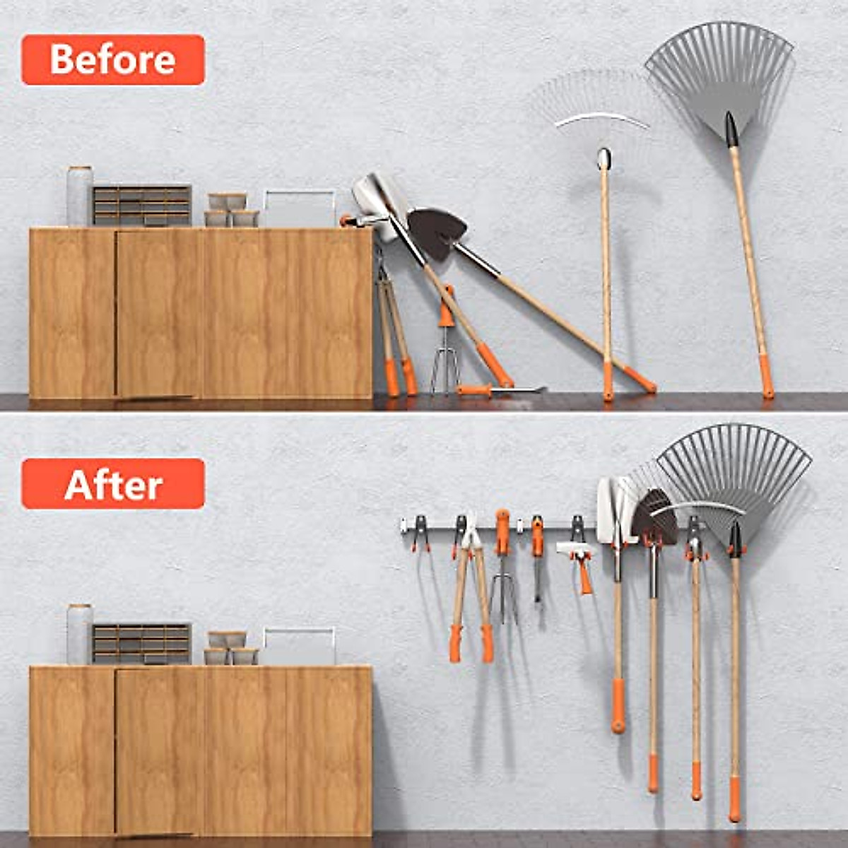 yuzziko Heavy Duty Garage Tool Storage System with 9 Hooks, Steel Organizer Wall Mounted Rack, Ultility Garden Tool Hangers 47 Inch for Broom, Mop, Rake Shovel