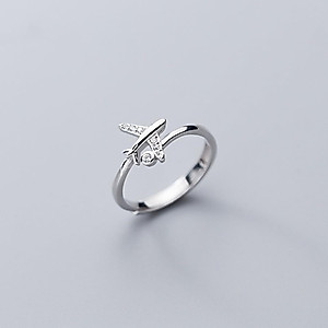 CZ Airplane 925 Sterling Silver Statement Ring for Women Girls Adjustable Expandable Open Wrap Finger Rings Comfort Fit Dainty Cute Dainty Airline Flight Jewelry Gift Souvenir