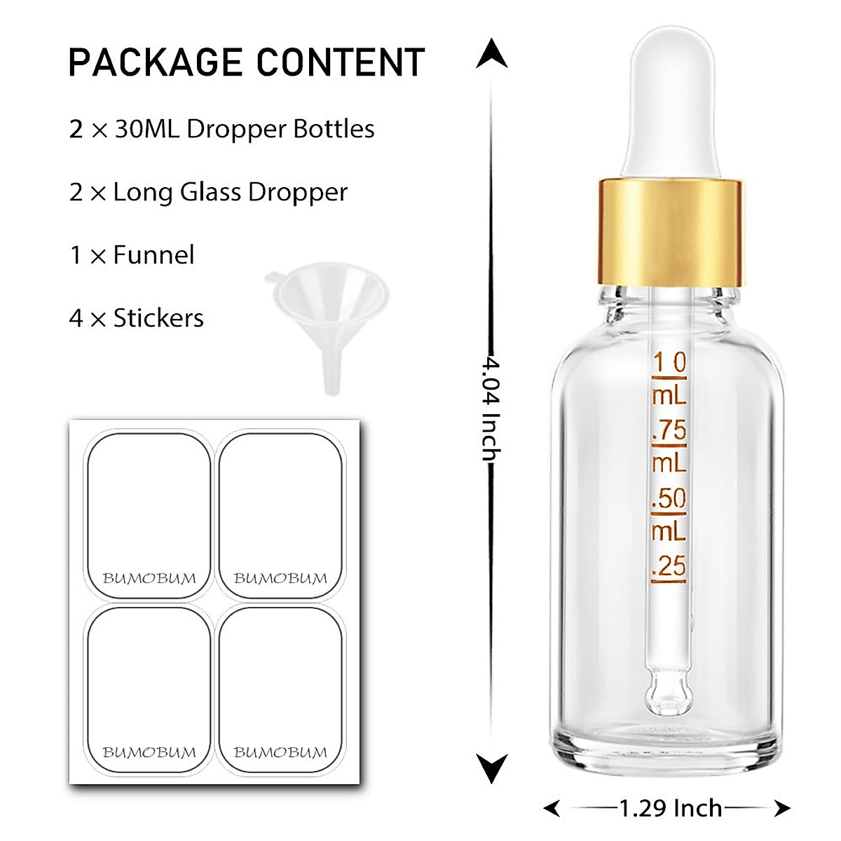 Bumobum Dropper Bottle Clear 1 oz, 30 ml Glass Dropper Bottles with Measurement and Golden Top Cap for Essential Oils, 2 pack Tincture Bottle with Labels and Funnel