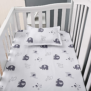 HUPO 6 PC Elephant Crib Bedding Sets for Baby Boys,Grey/White Crib Set with Crib Skirt/Quilt/Crib Sheet/3 Wall Stickers