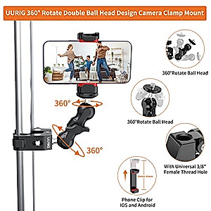 UURIG Super Clamp 360° Ballhead Magic Arm Double Ball Head Adapter Camera Clamp Mount with 1/4"-20&3/8"-16 Thread for Canon Nikon DSLR Camera/GoPro/Monitor/Ronin-M/Freefly MOVI-with Phone Clip