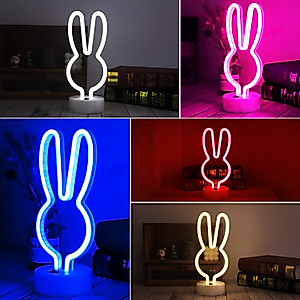 Easter Decorations Rabbit Lights Neon Signs, Creative Bunny Neon Lights with Base Battery/USB Operated Rabbit Stuff for Home, Nursery Room, Baby Teen Kids Girls Bedroom, Spring Decor (Rabbit-Pink)
