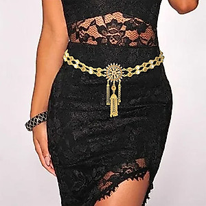 Urieo Tassel Rhinestone Waist Chain Belt Crystal Gold Belly Chains Layered Adjustable Dress Chain Belts Body Jewelry Accessories for Women