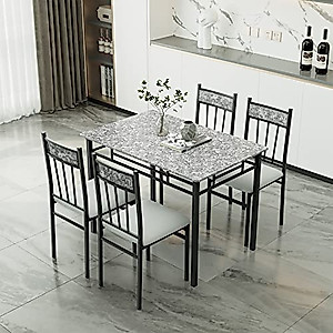 NAFORT 5-Piece Dining Table Set for 4, Vintage Rectangular Kitchen Table and 4 Chairs with Cushion Padded Seat, Metal and Wood Dining Set Kitchen Furniture, Marble Top
