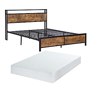 Industrial Full Bed Frame with 12 Inches Gel Memory Foam Mattress, LED Lights and 2 USB Ports, Bed Frame Full Size with Storage, Noise Free, No Box Spring Needed, Mattress Made in USA, Rustic Brown
