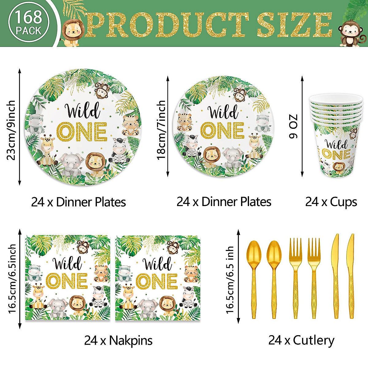 Jungle Safari Baby Shower Decorations Tableware Set Serves 24, Animals Paper Plates, Napkins, Cups, Cutlery for Baby Boy Wild One Birthday Baby Shower Party Supplies