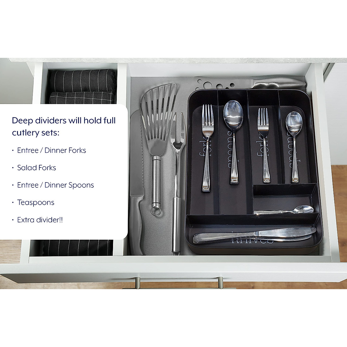 AuldHome Farmhouse Enamelware Silverware Organizer (Black), Divided Cutlery Utensil Drawer Organizer