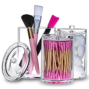 MOSIKER Cotton Ball Qtip Holder Dispenser with Lid,Clear Acrylic Round Bathroom Counter Organizer (3 Connected Towers)