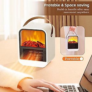 ZJFLNZYC Portable Mini Small Electric Fireplace Heater,Small Room Space Heaters for Indoor Use with 3D Flames,PTC Ceramic Heater, Desk Space Heater for Bedroom,Bathroom and Office Quiet Small(White)