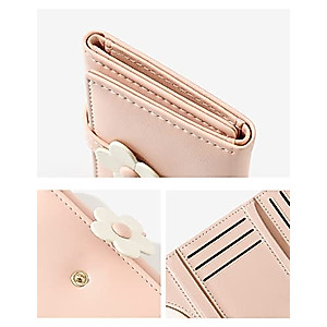 MEISEE Cute Small Wallet for Girls Women Tri-folded Wallet Cash Pocket flowers PU Leather Print Card Holder Coin Purse with ID Window (2-pink)