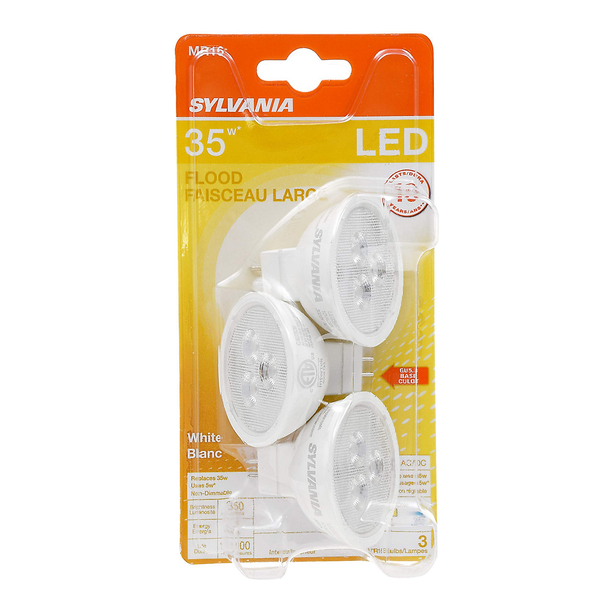 SYLVANIA MR16 LED Flood and Spot Light Bulb, 5W, 35W Equivalent, Non-Dimmable, 350 Lumens, 3000K, White - 3 Pack (79129)