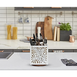 AHUONEL 360° Rotating Kitchen Utensil Holder for Countertop, Wooden Utensil Organizer Cutlery Holder, Utensil Caddy Utensil Crock, Silverware Flatware Organizer for Spoons, Knives, Forks, 5.5" x 6.3"