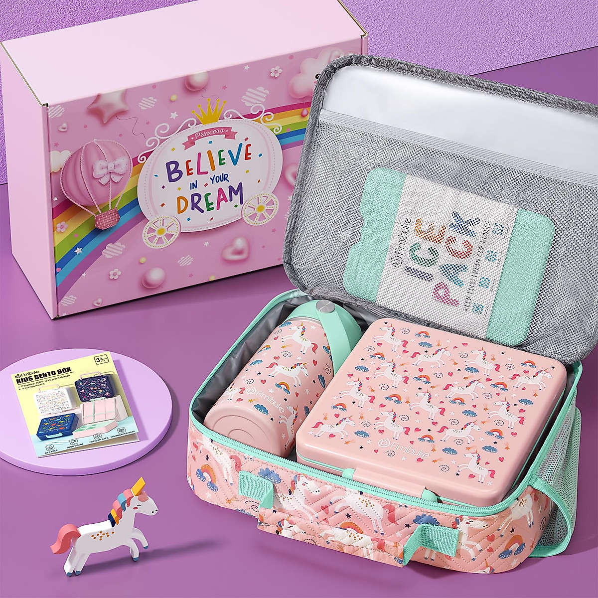 Fimibuke Kids Bento Lunch Box with 4 Compartments, Insulated lunch Bag, Stainless Steel Insulated Water Bottle, Ice Pack & Utensils, Unicorn Birthday Gifts for Ages 3-12 School Toddler Girls Boys