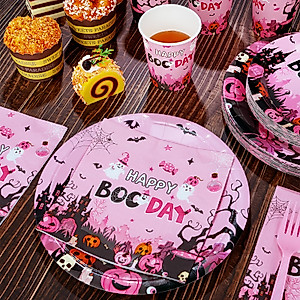 Halloween Happy Boo Day Baby Shower Party Decorations,Pink Ghost Pumpkin Disposable Tableware Paper Plates Napkins Cups Tablecloth Banner for Girl Halloween Birthday Baby Shower Party Supplies,Serve25