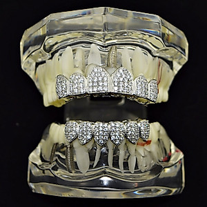 CZ Grillz Set Silver Tone Cubic Zirconia Micro Pave Bling Teeth Top & Bottom Row Iced Hip Hop Grills