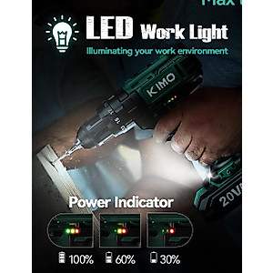 KIMO Hammer Drill - 20V 2X Battery Hammer Drill Cordless Drill Set, 350 In-lb Torque, 3/8" Keyless Chuck, 1350 RPM, 21+3 Position,14pcs Drill/Driver Bits, Power Drill Drivers for Concrete Brick Wall