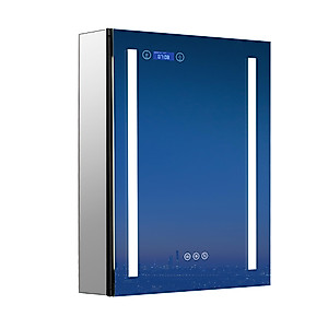 FRALIMK LED Medicine Cabinet with Vanity Mirror Lights, 24x30 inch Bathroom Wall with Defogger, Date/Time, Room Temp Display, 3X Makeup Mirror, Outlet, Recessed or Surface,Right Hinge