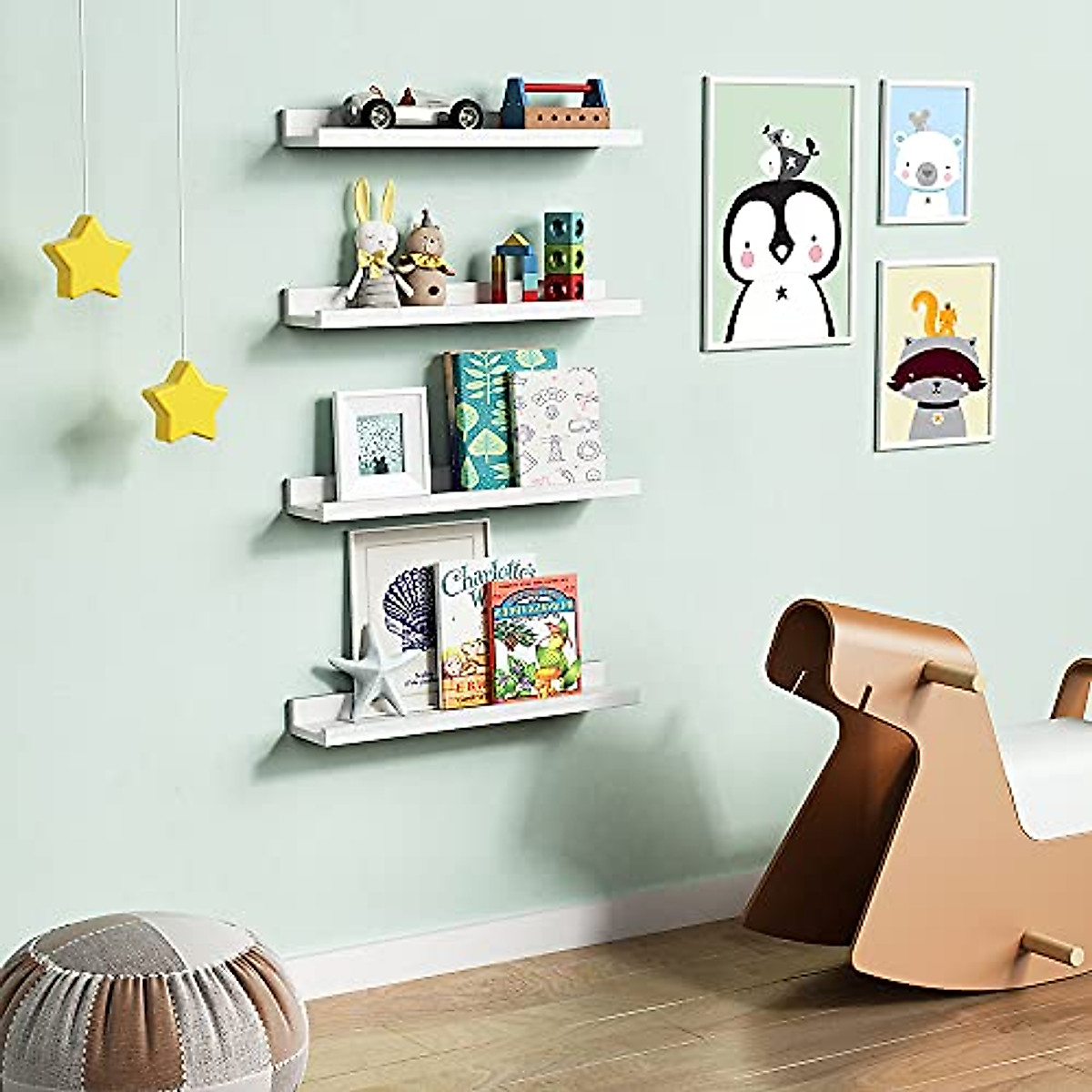 Forbena Nursery Floating Shelves for Wall, 23 Inch Long Nursery Book Shelves Set of 4, Rustic Wood Picture Ledge Shelf for Bedroom, Bathroom, Living Room, Photo Frames, Office Decor (White)