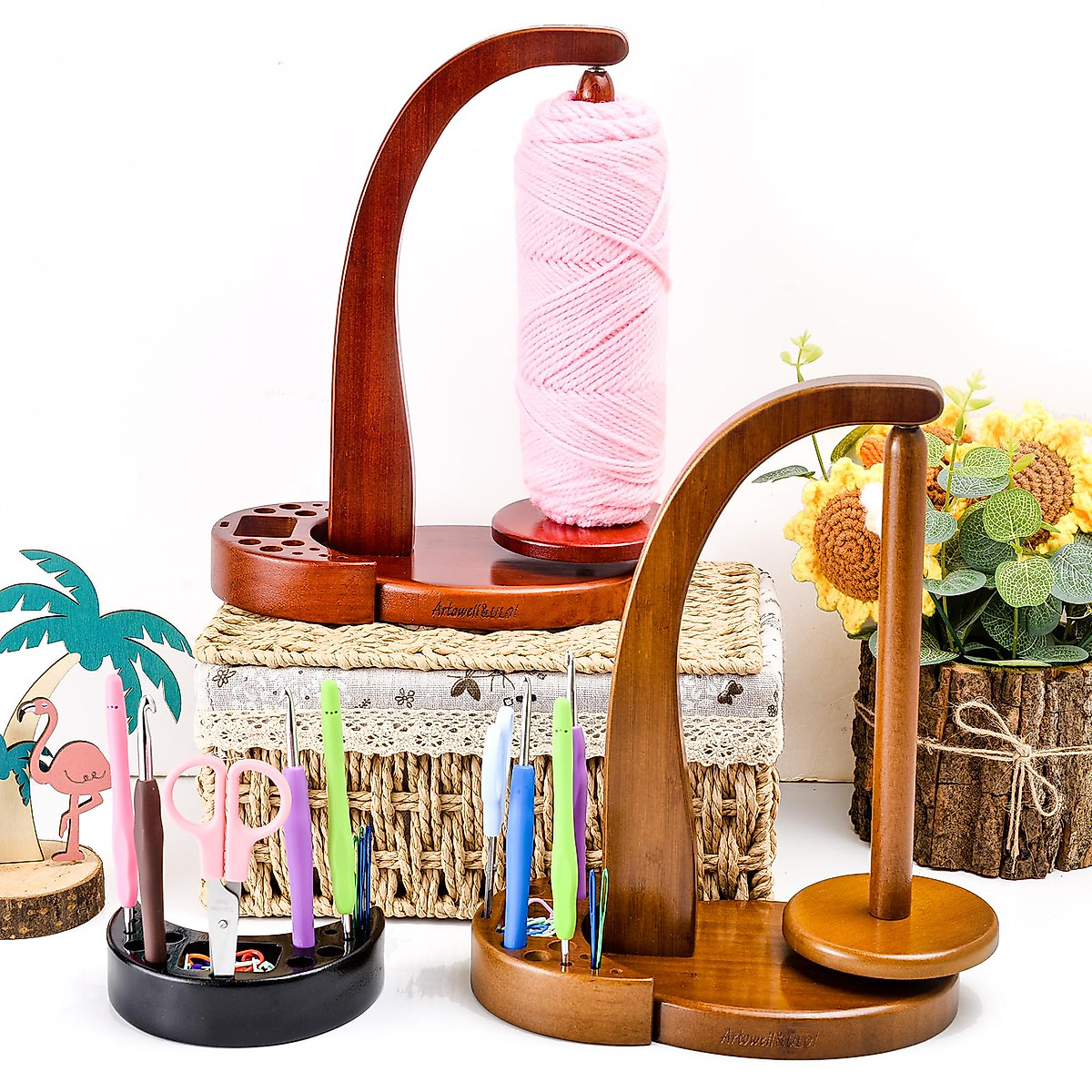 ULOI Crochet Yarn Holder - Upgrade with Crochet Accessories Storage Attachment, Magnetic Wooden Yarn Storage for Knitting Accessories, Perfect for Crocheting and Knitting Projects, Mahogany Finish