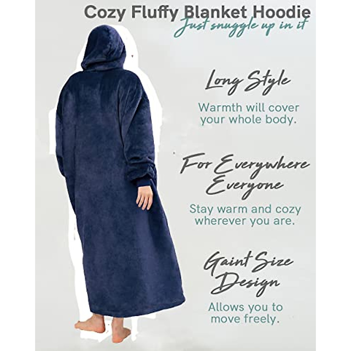 Somikia Upgraded Wearable Blanket Hoodie with Zipper,Oversized Giant Hooded Blanket with Pocket Sleeves Flannel Sherpa Soft Warm Cozy Fluffy Blanket for Teens Women Men Blue Long