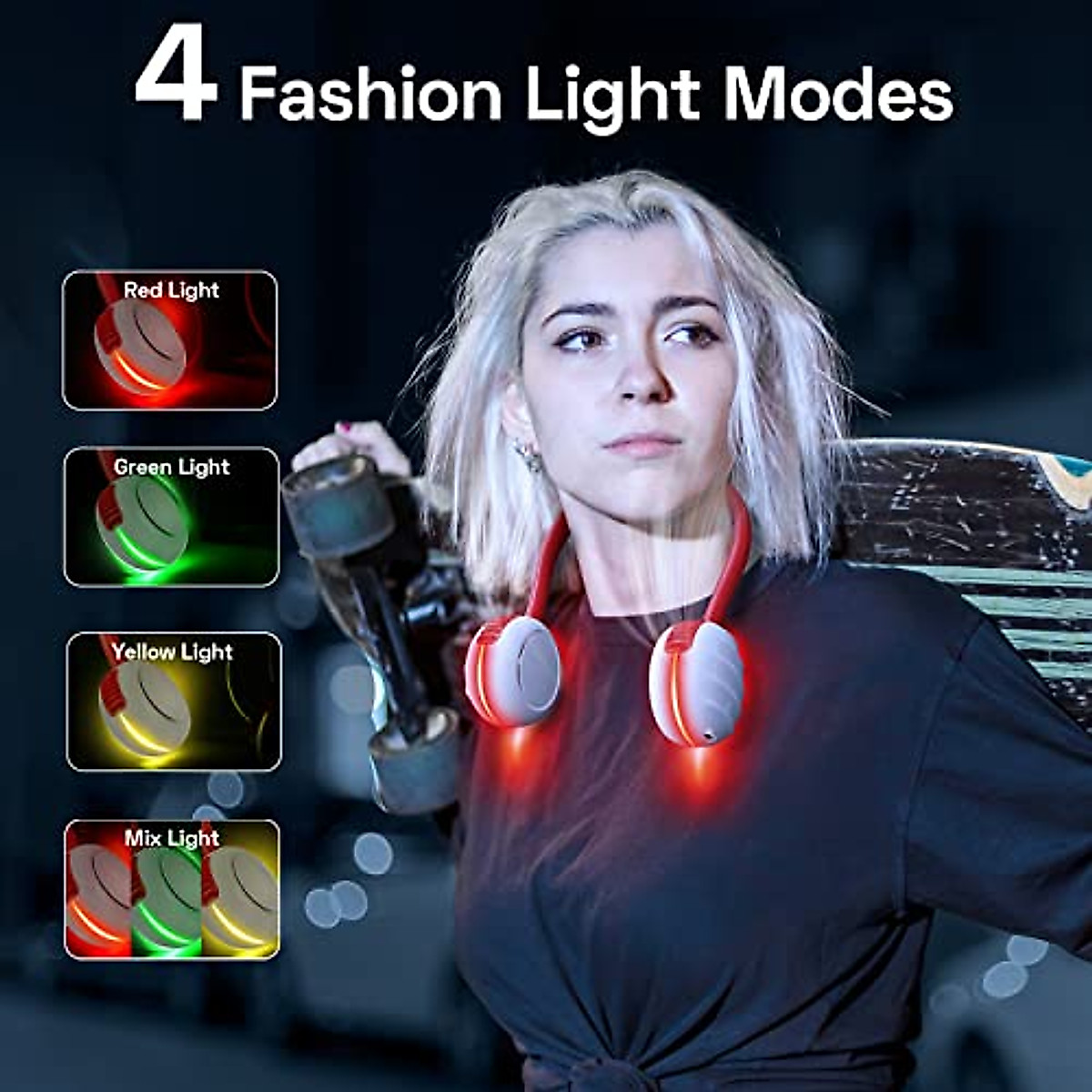 Portable Neck Fan - Hands-free Neck Fan with lights, 3 Wind Speeds, 4 Lights Modes, Rechargeable USB Personal Neck Fan, Flexible Hose - 360° Adjustable Bladeless Neck Fan for Outdoor, Sports, Travel