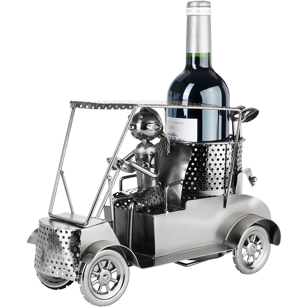 BRUBAKER Bottle Holder Female Golf Player in Golf Cart - Silver Metal Sculpture Wine Gift for Golfer and Sport Women - Wine Bottle Stand with Greeting Card