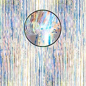BRZIKWT 2 Pcs Iridescent Transparent Foil Curtain Tinsel Backdrop Beautiful Neon Clear Streamers Backdrops-Rainbow Photoshoot Streamers for Party Decorations(3.2 ft x 6.5 ft)