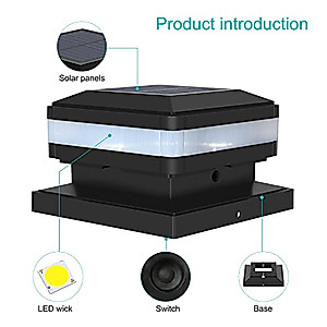 FVTLED Solar Post Lights, Outdoor Solar Post Cap Light Fits 4x4, 6x6 Wooden Posts, IP65 Waterproof High Brightness Cool White 6000K LED Post Lights for Patio Fence Deck Garden, 2 Pack (Black)