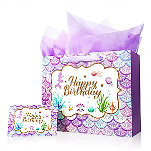 12.6" Mermaid Happy Birthday Gift Bag Set with Greeting Card and Tissue Papers for Girls, Women
