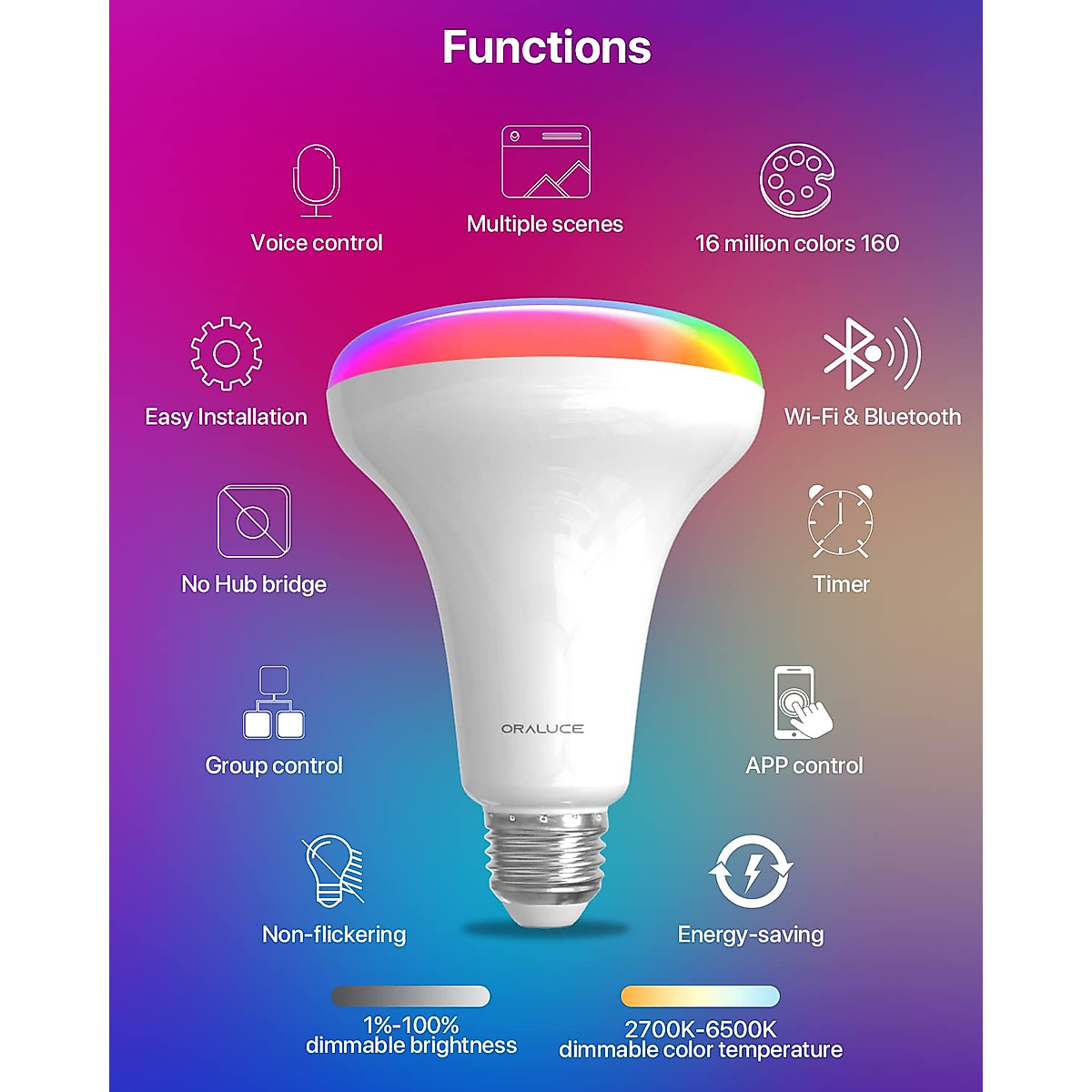 ORALUCE Smart BR30 Bulb, LED Flood Light Bulbs, Works with Alexa Google Assistant, 12W 100W Equivalent, 1280 Lumens, RGBCW 2700-6500K Color Changing Recessed Light Bulbs for Cans, E26 Base, 4 Pack