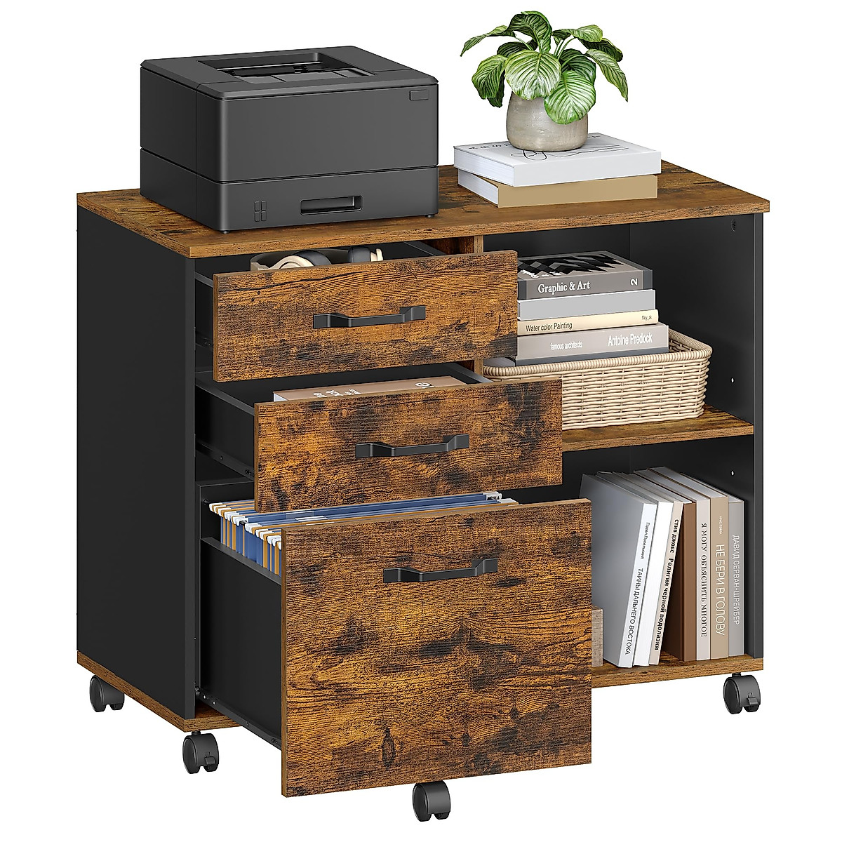 VASAGLE Lateral File Cabinet, Home Office Printer Stand, with 3 Drawers and Open Storage Shelves, for A4, Letter-Size Documents, Rustic Brown + Black