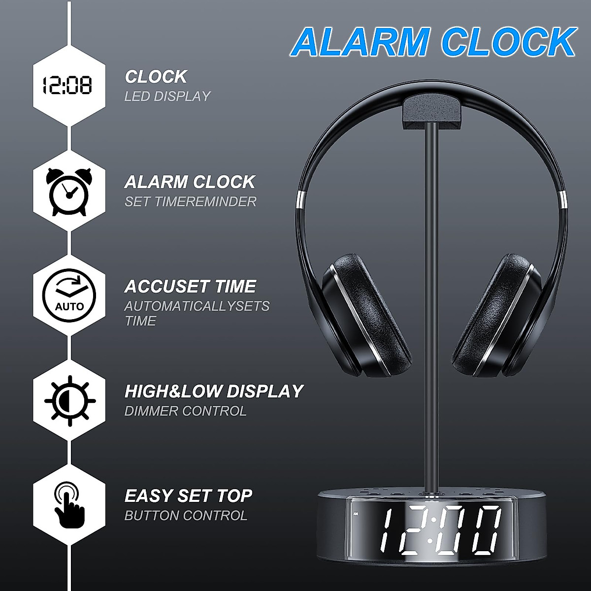 ZEAGUS Headphone Stand with Alarm Clock, Gaming Headphone Stand for Desk,Headphone Holder with 2 USB Charging Ports and 2 Power Outlets,Headset Stand Suitable for All Earphone Accessories