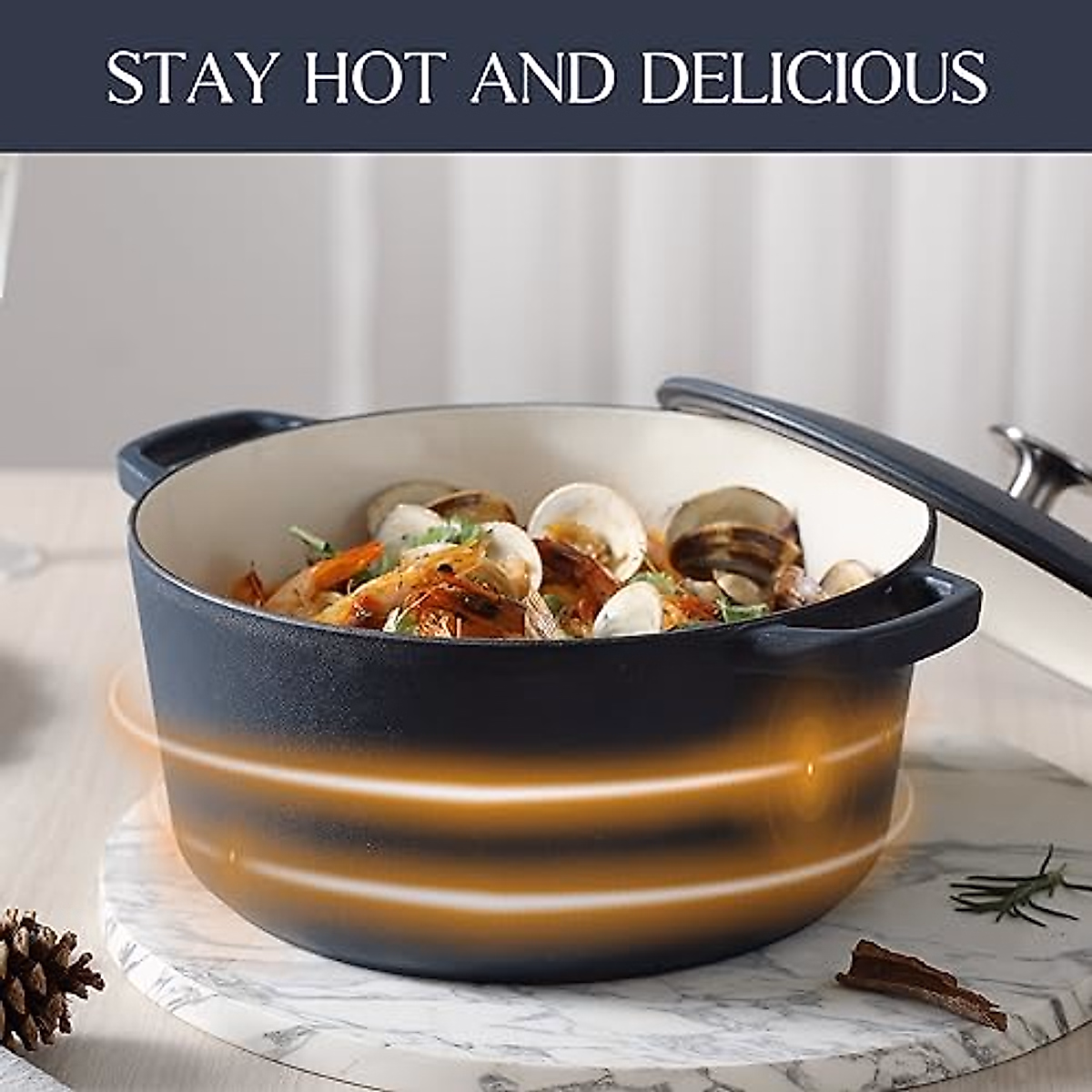 CAROTE 5.5Qt Enamel Cast Iron Dutch Oven Pot With Lid, Oven Safe Up to 500°F, with Large Handle Metal Knob, Cast Iron Pot for Sourdough Bread Stew Roast Braise, Easy Cleaning, Blue