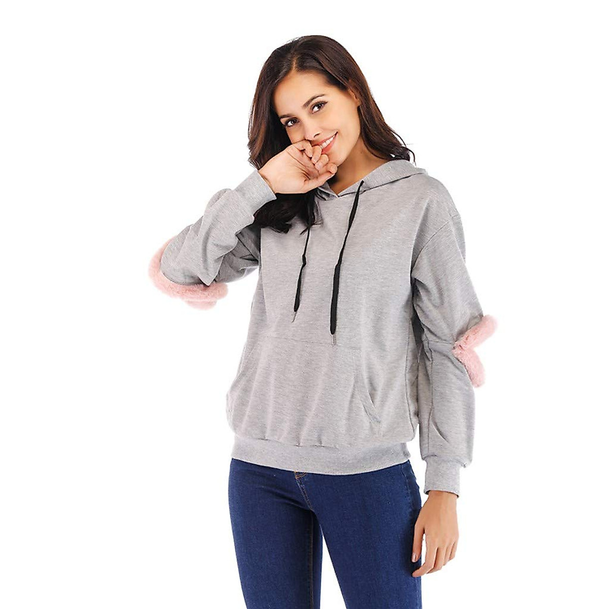Patchwork Top for Women Sweatshirt Casual Loose Gray Pullover Long Sleeve Hole Plush Style Fashion Outwear (Gray,M)