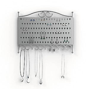 Mango Steam Wall Mounted Closet/Wardrobe Display Hanger Organizer for Jewelry & Earrings With Hooks for Necklaces, Bracelets, Accessories - Silver