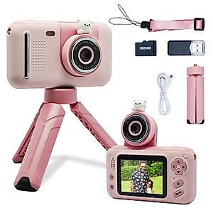toyofmine Kids Camera, Kids Digital Camera with Flip Lens, HD Digital Video Cameras for Toddler,Christmas Birthday Gifts and Portable Toy for 3 4 5 6 7 8 9Year Old with 32GB SD Card-Pink