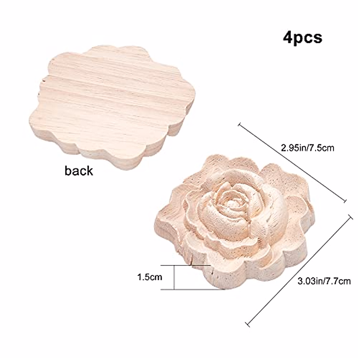 GORGECRAFT 4PCS Wooden Carved Onlay Appliques Rose Wood Carving Decal Molding Corner Craft Unpainted Furniture Applique Frame Flower Valentines Day Home Decoration for Dresser Bed Door Cabinet 3"x3"