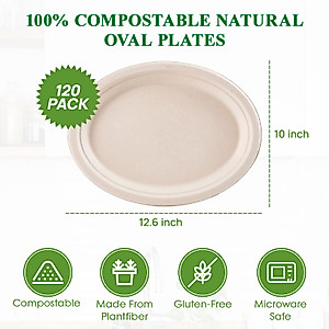Vplus 100% Compostable Oval Paper Plates 12 inch 120 Pack Super Strong Disposable Dinner Plates Natural Biodegradable Eco-Friendly Sugarcane Plates for BBQ, Party, Gathering, and Picnic