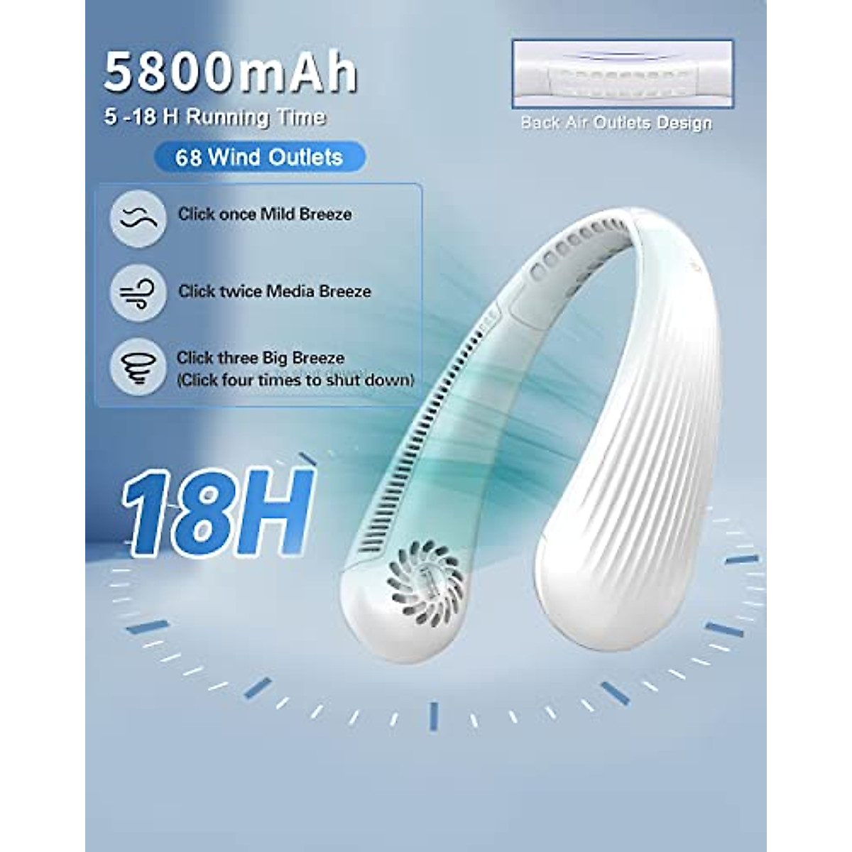 ABSKRYO Portable Neck Fan, Bladeless Cooling Fan, 8H Working Time, Headphone Design Personal Fan, Adjustable Neck Fan with 3 Speeds, for Travel Desk Bedroom